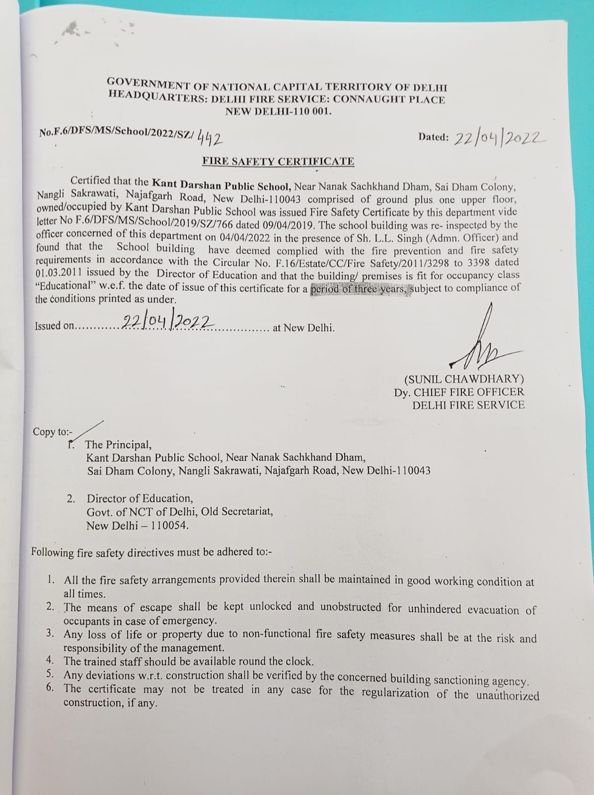 Fire Safety Certificate – Kant Darshan Public School